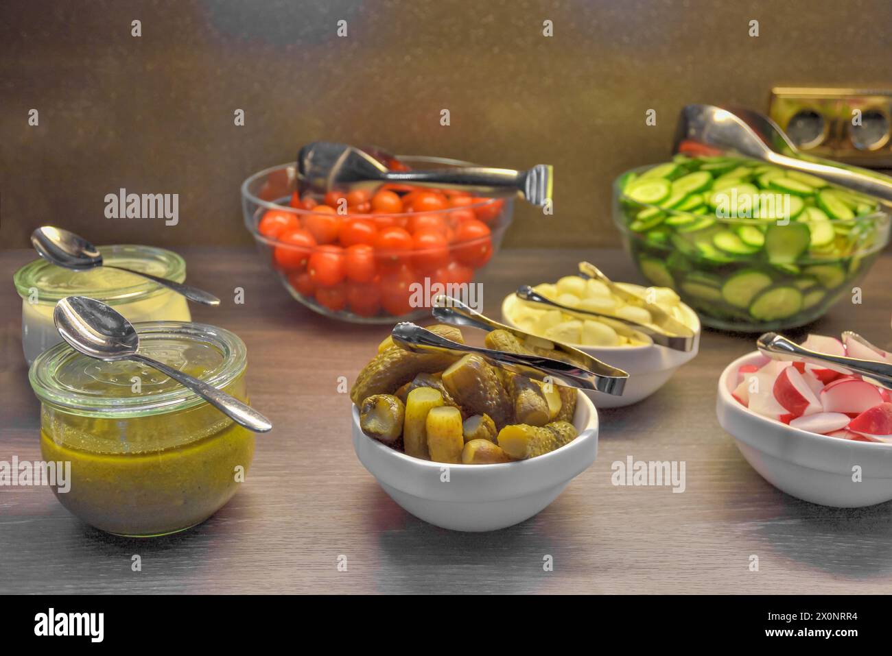 Various canned and fresh vegetables served for self service breakfast ...