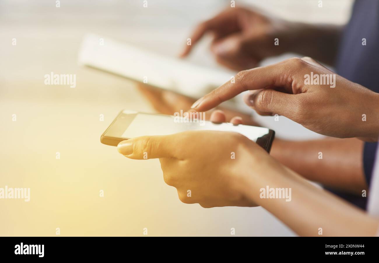 People, hands and typing on technology together with teamwork for ...