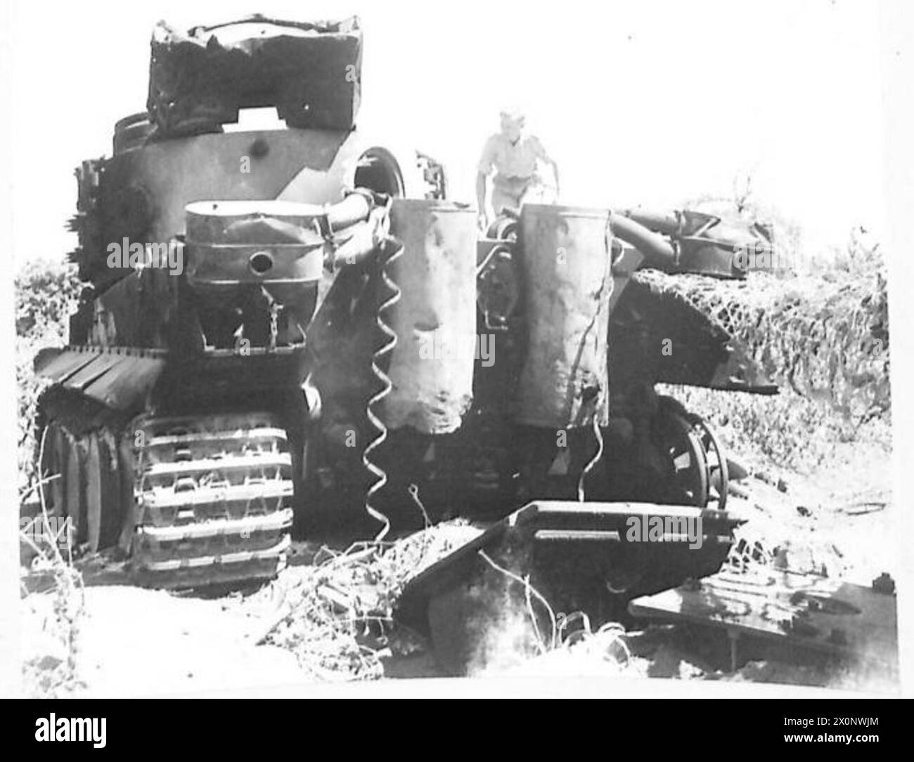 A destroyed Tiger tank Mk.VI is observed by the 8th Army during their ...