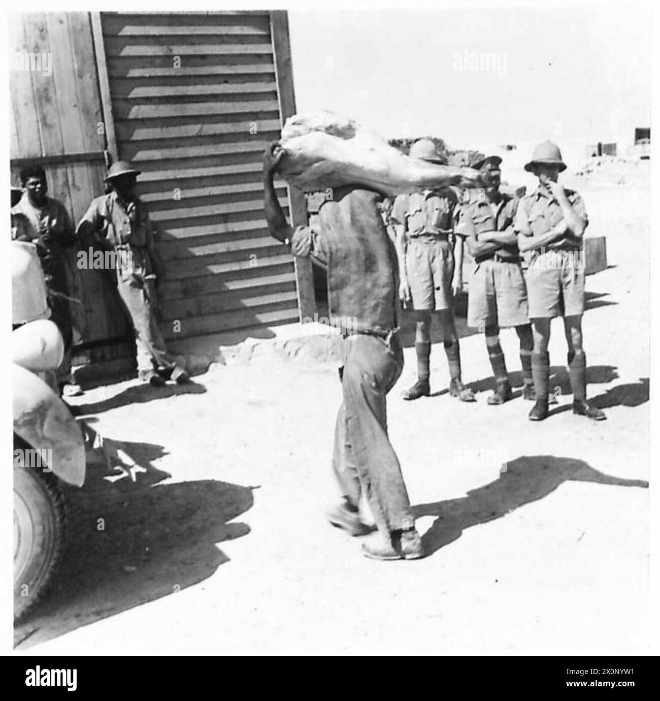 Military personnel transfer meat from a train to lorries to feed troops ...