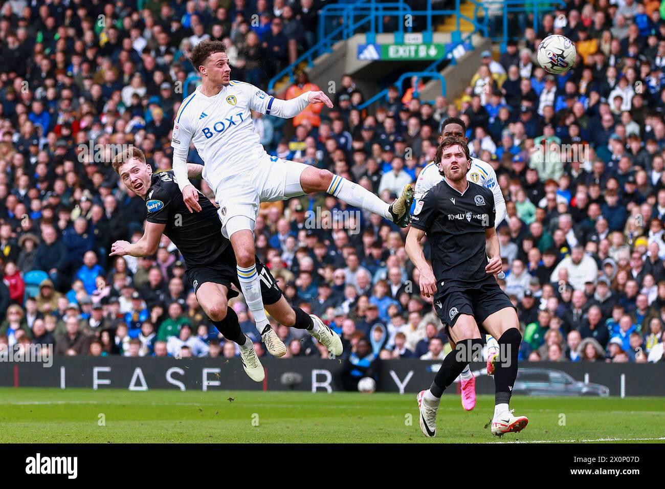 Leeds, UK. 13th Apr, 2024. Ethan Ampadu of Leeds United heads at goal ...