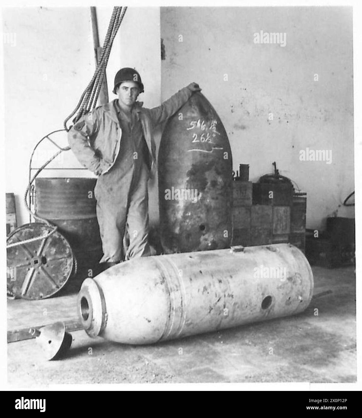 A German glider bomb and a 1000 kg bomb are shown at the Anzio ...