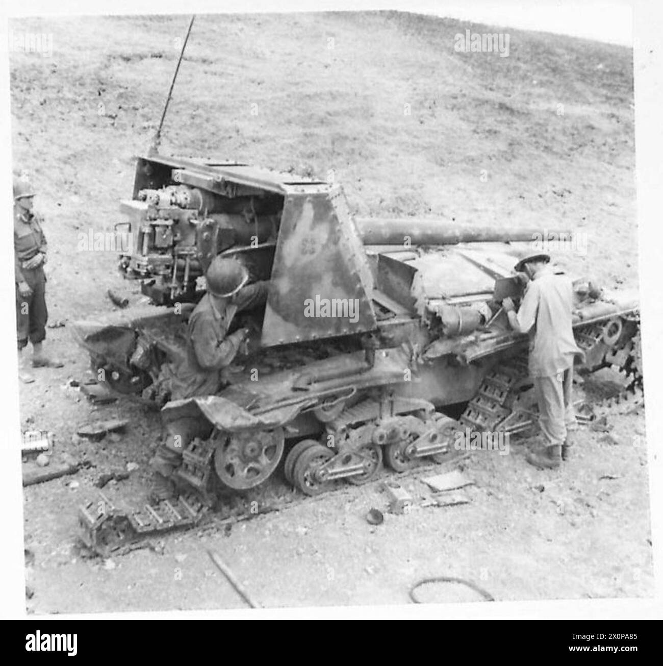 An Italian self-propelled 96 mm gun is destroyed by British artillery ...