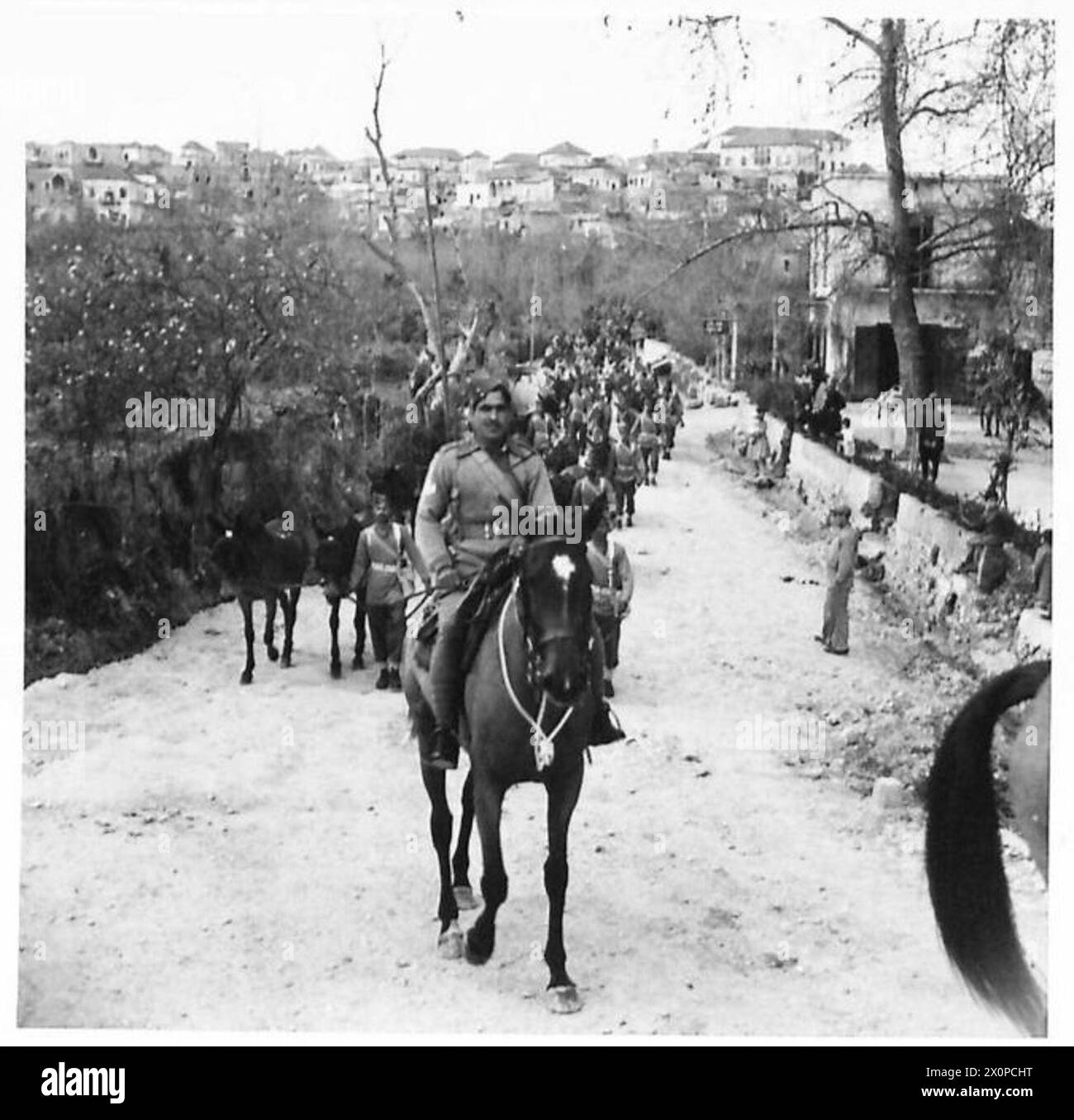 Indian mule pack companies of the British Army move pack mules through ...