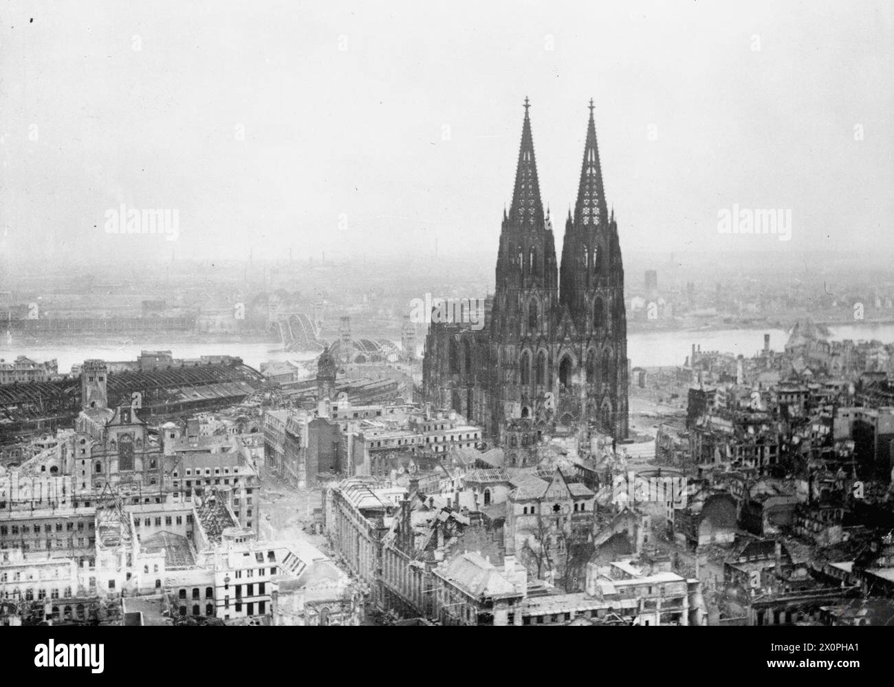 An aerial view shows destroyed buildings in Cologne, Germany after RAF ...