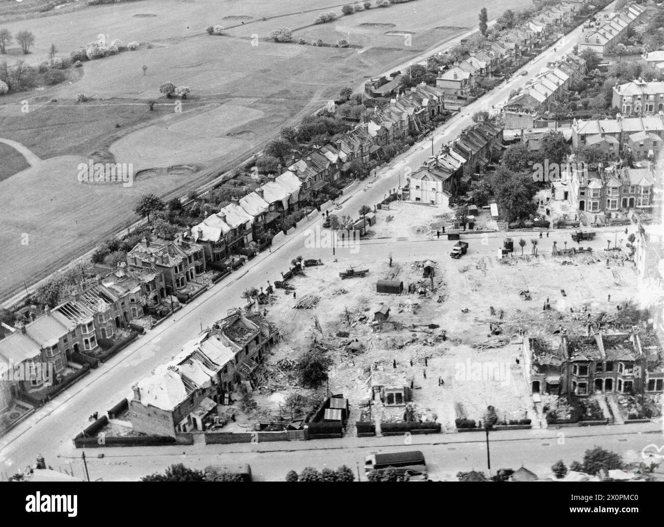 BOMB DAMAGE IN LONDON, ENGLAND, APRIL 1945. - Aerial view from the ...