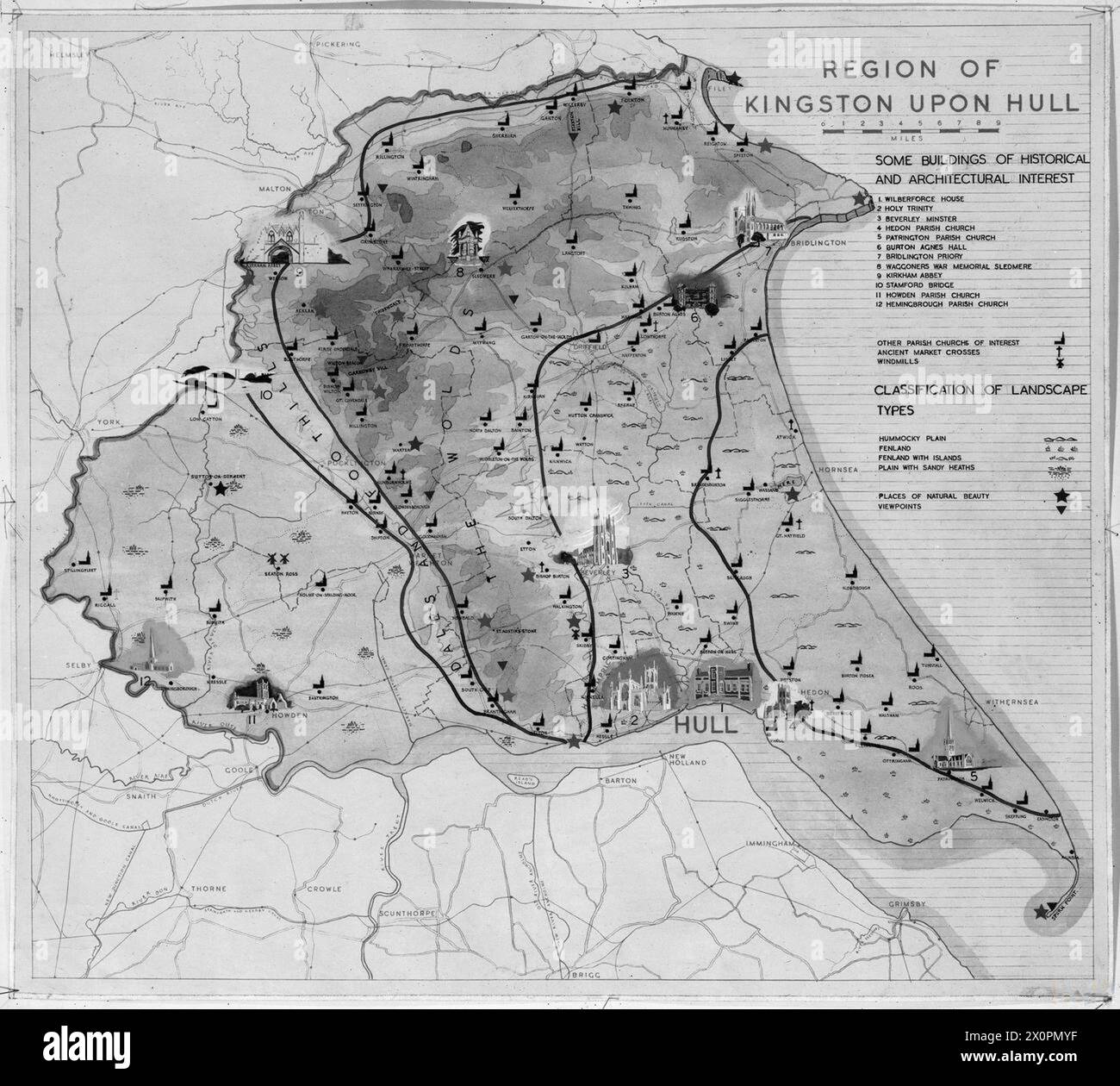 Map of Hull region showing locations of buildings with historical and ...