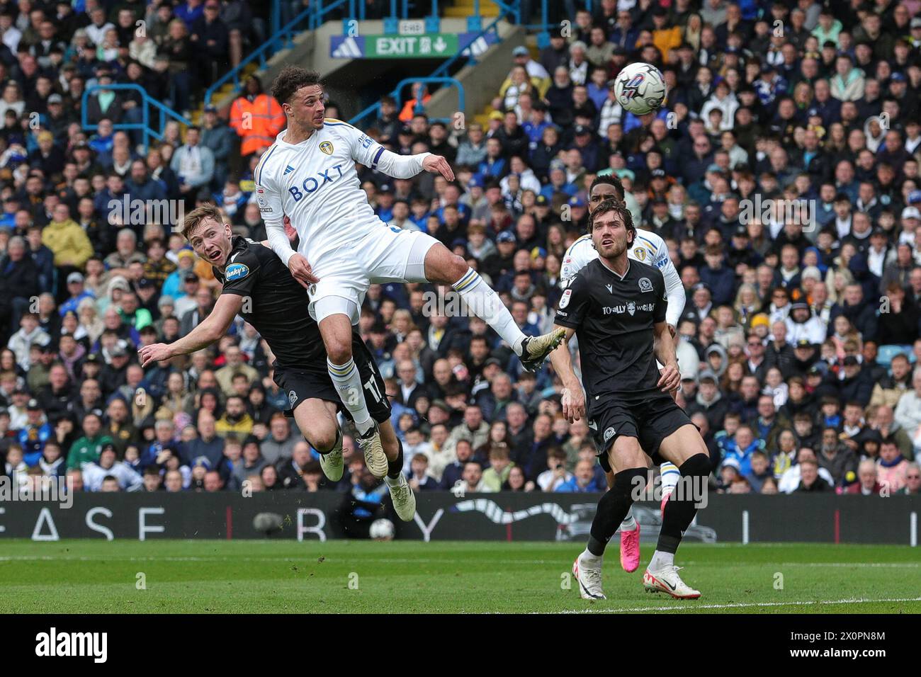 Ethan Ampadu of Leeds United heads the ball at goal but is off target ...