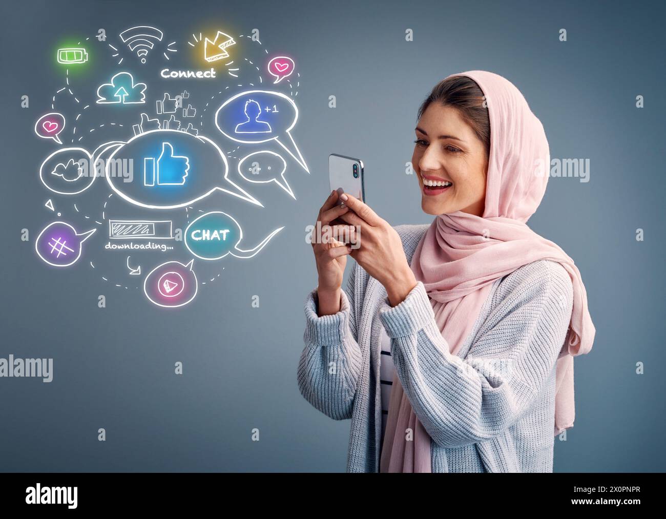 Phone, overlay and woman online with social media, Muslim and like post ...