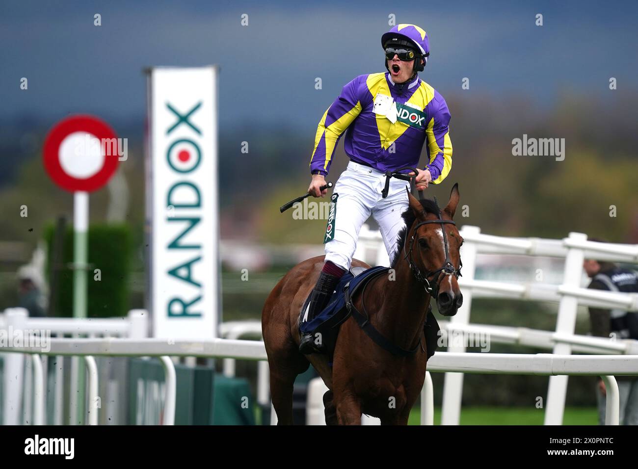 Jockey Charlie Todd celebrates winning the William Hill Handicap Hurdle ...