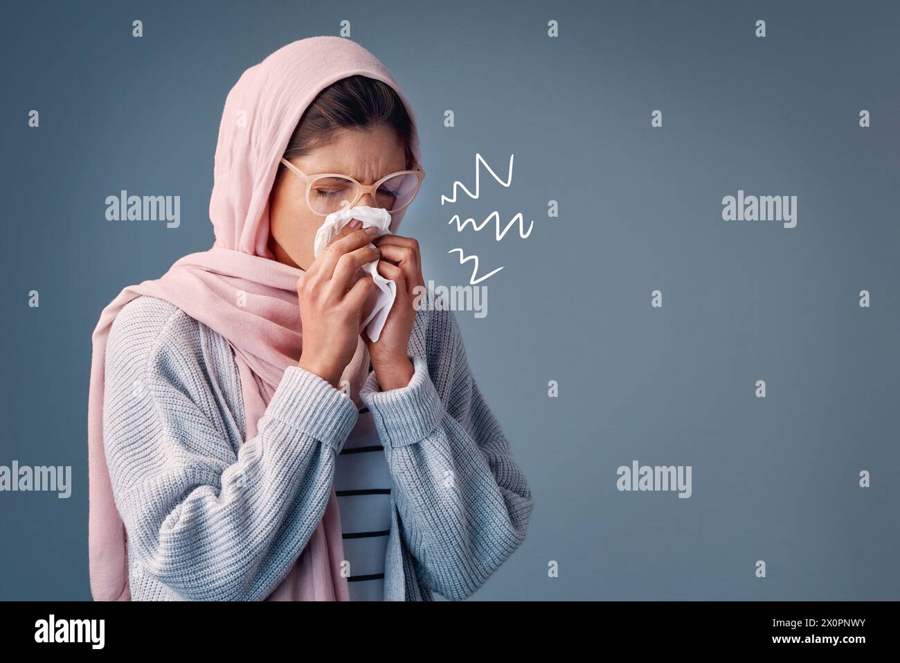 Flu, sick and woman with hijab in studio with toilet paper allergies ...