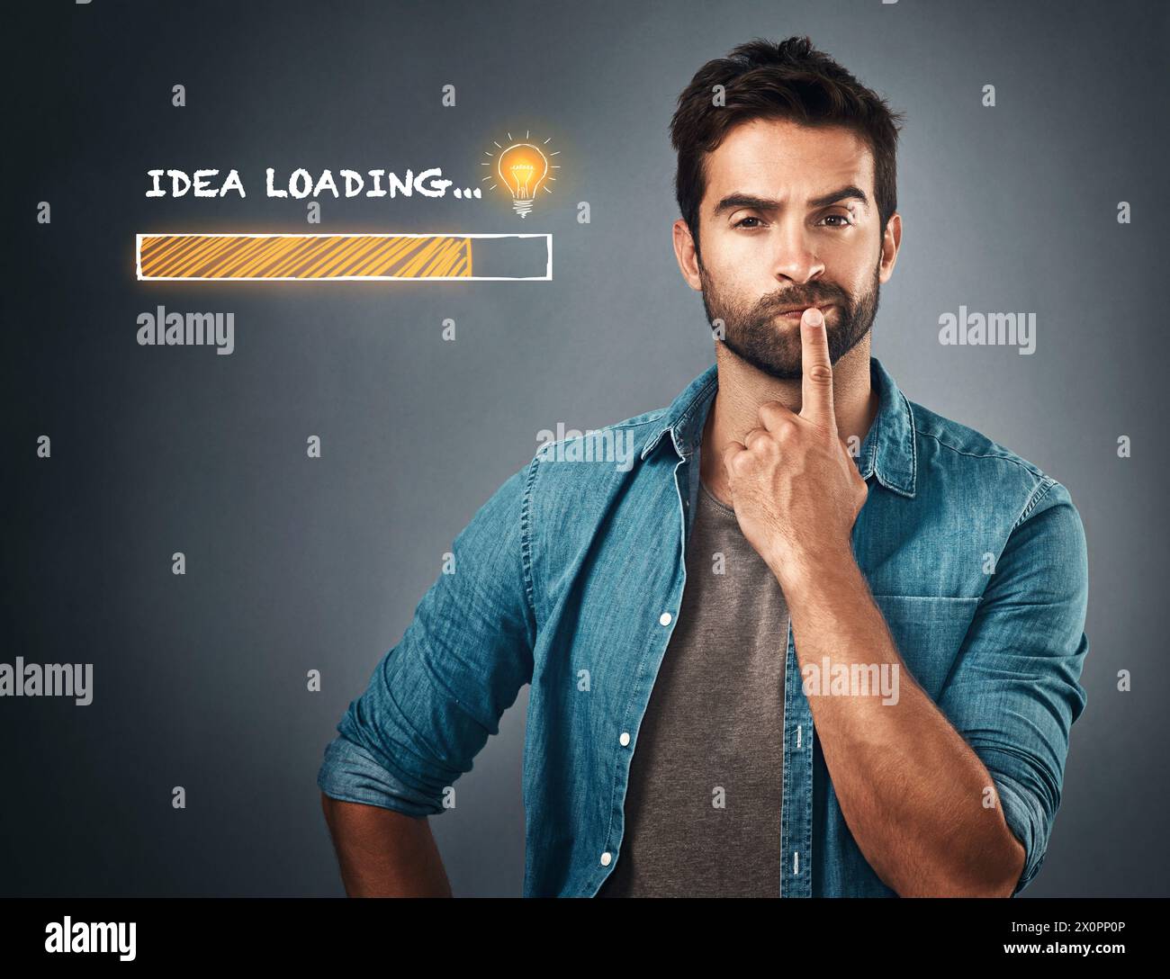 Portrait, man and thinking by gray background for mockup with idea ...