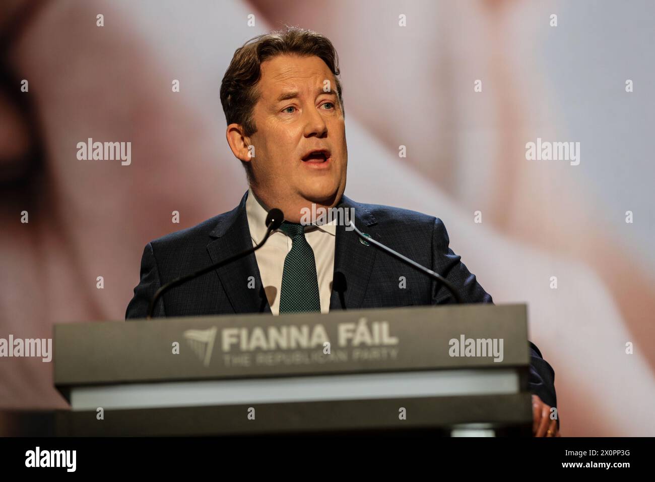 Minister for Housing Darragh O'Brien speaking at the Fianna Fail Ard Fheis, at the Dublin Royal ...