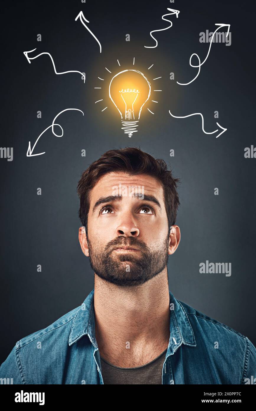 Man, idea and thinking by gray background for mockup with confusion ...