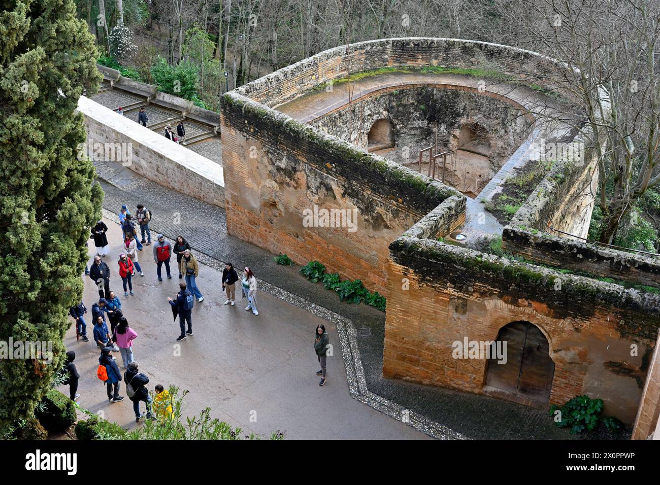 View from above footpath and ramparts of Alhambra Palace in Granada ...