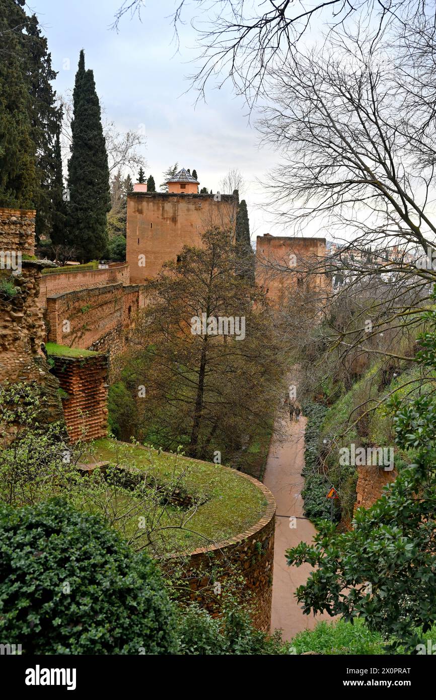 View from above footpath and ramparts of Alhambra Palace in Granada ...