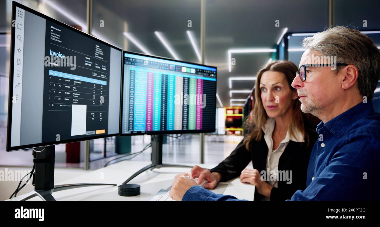 Analyst Employee Working On Spreadsheet Using Desktop Computer Stock ...