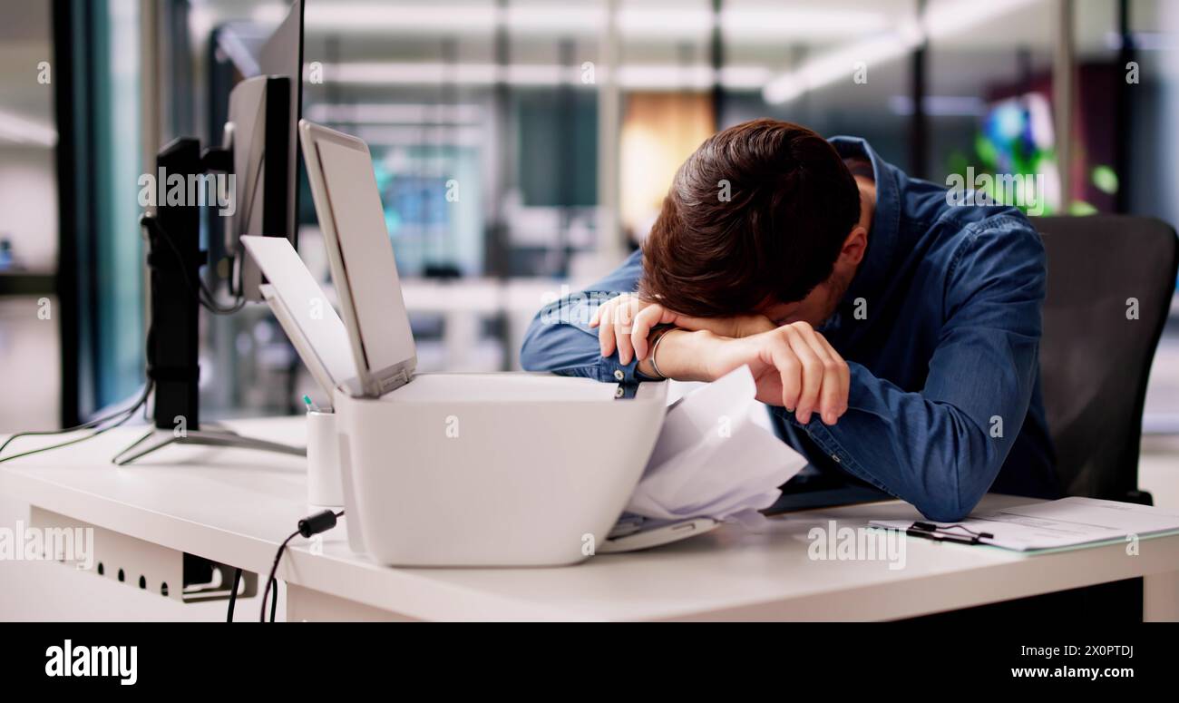 Broken Printer Problem. Man Tried To Fix Broken Photocopier Stock Photo ...