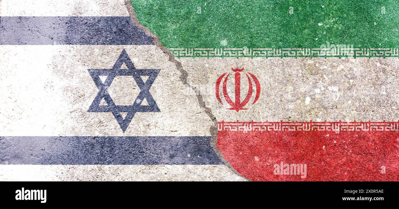 Israeli and Iranian flags on a cracked textured wall, symbolic of ...