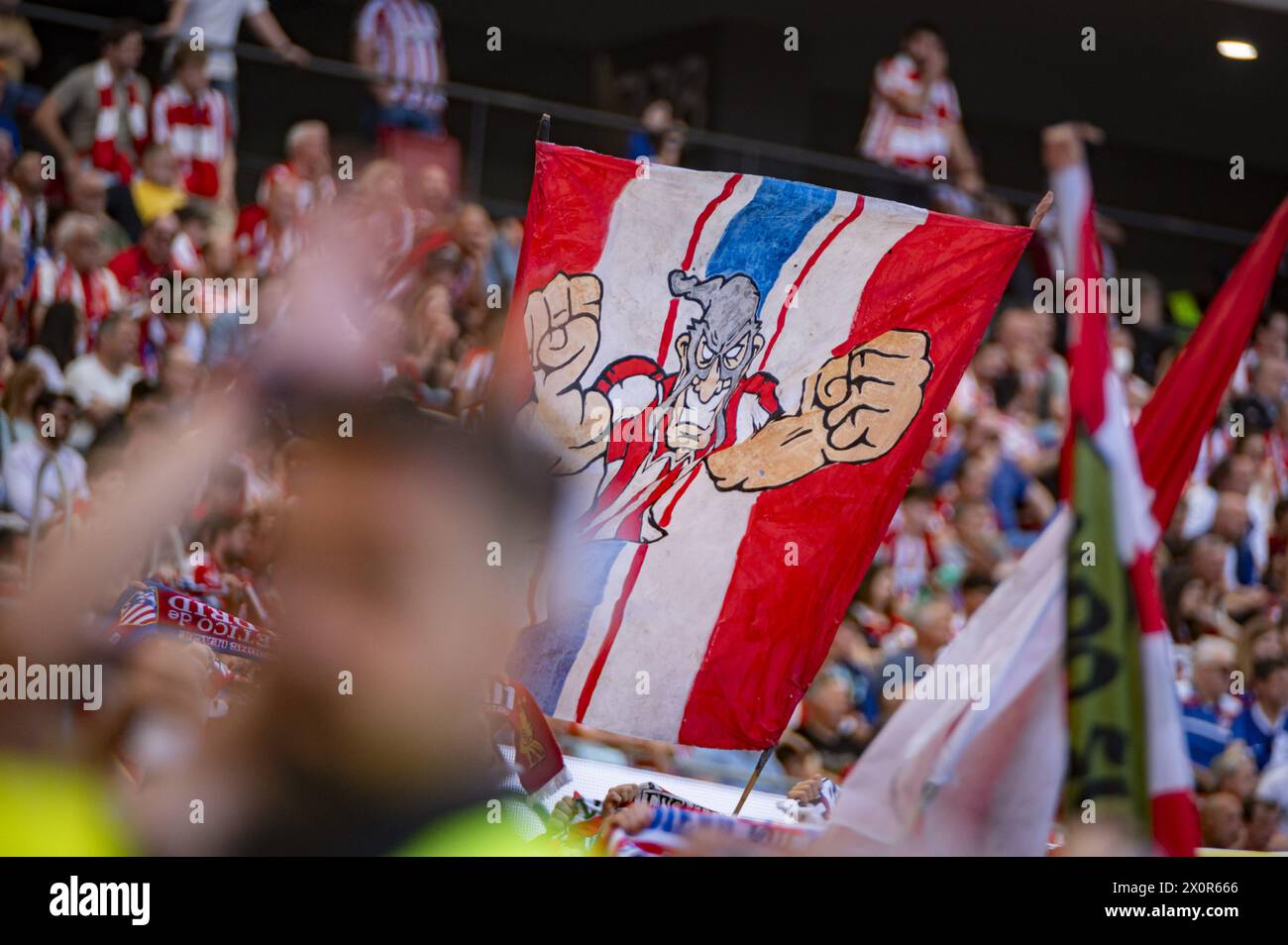 Madrid, Spain. 13th Apr, 2024. Atletico Madrid fans choreography flags ...