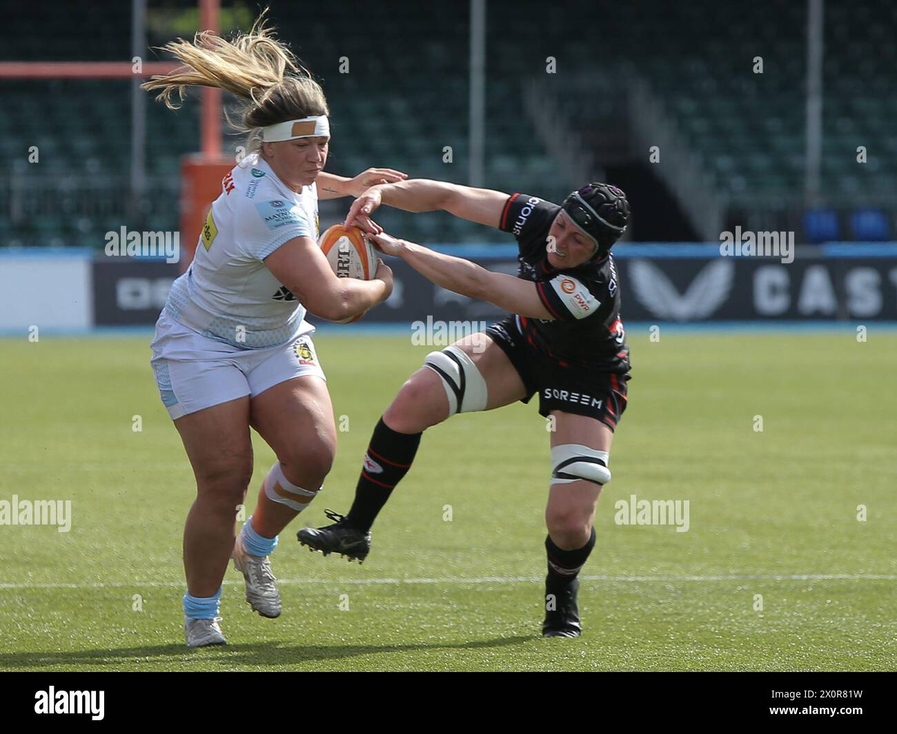 London, England, April 13 2024: Hope Rogers (3 Exeter Chiefs) brushes ...