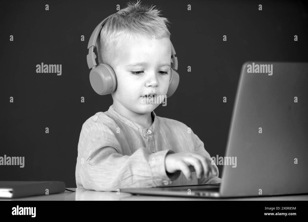 Boy student learning online in class. Kid study online video call with ...