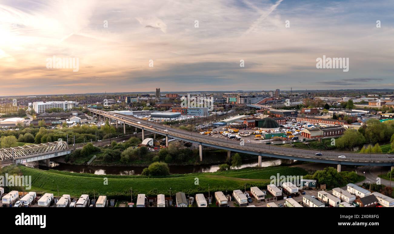 Aerial landscape view of Doncaster cityscape skyline with rail and road ...
