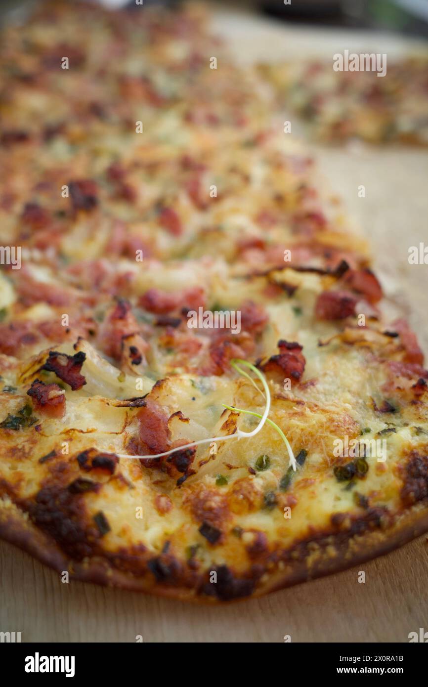 Pizza close-up view on an outdoor dining table Stock Photo - Alamy