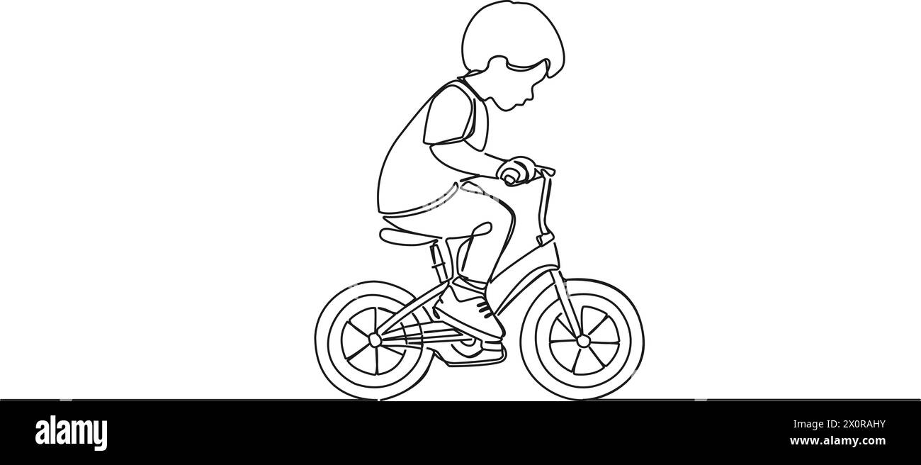 continuous single line drawing of young boy on childrens bicycle, line ...