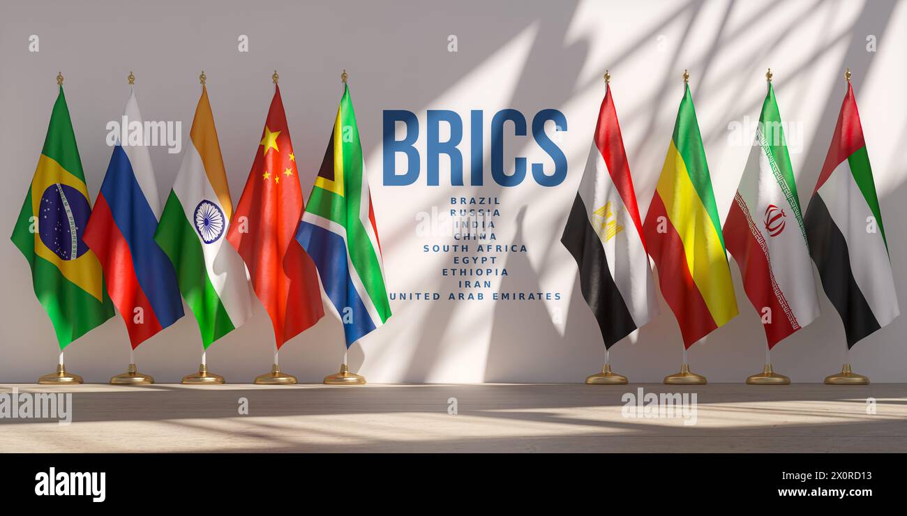 BRICS summit or meeting concept. Row from flags of all members of BRICS ...