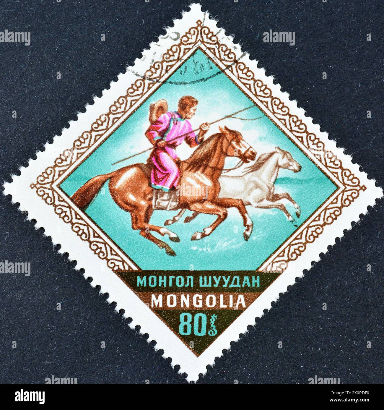 Cancelled postage stamp printed by Mongolia, that shows Capture of wild ...