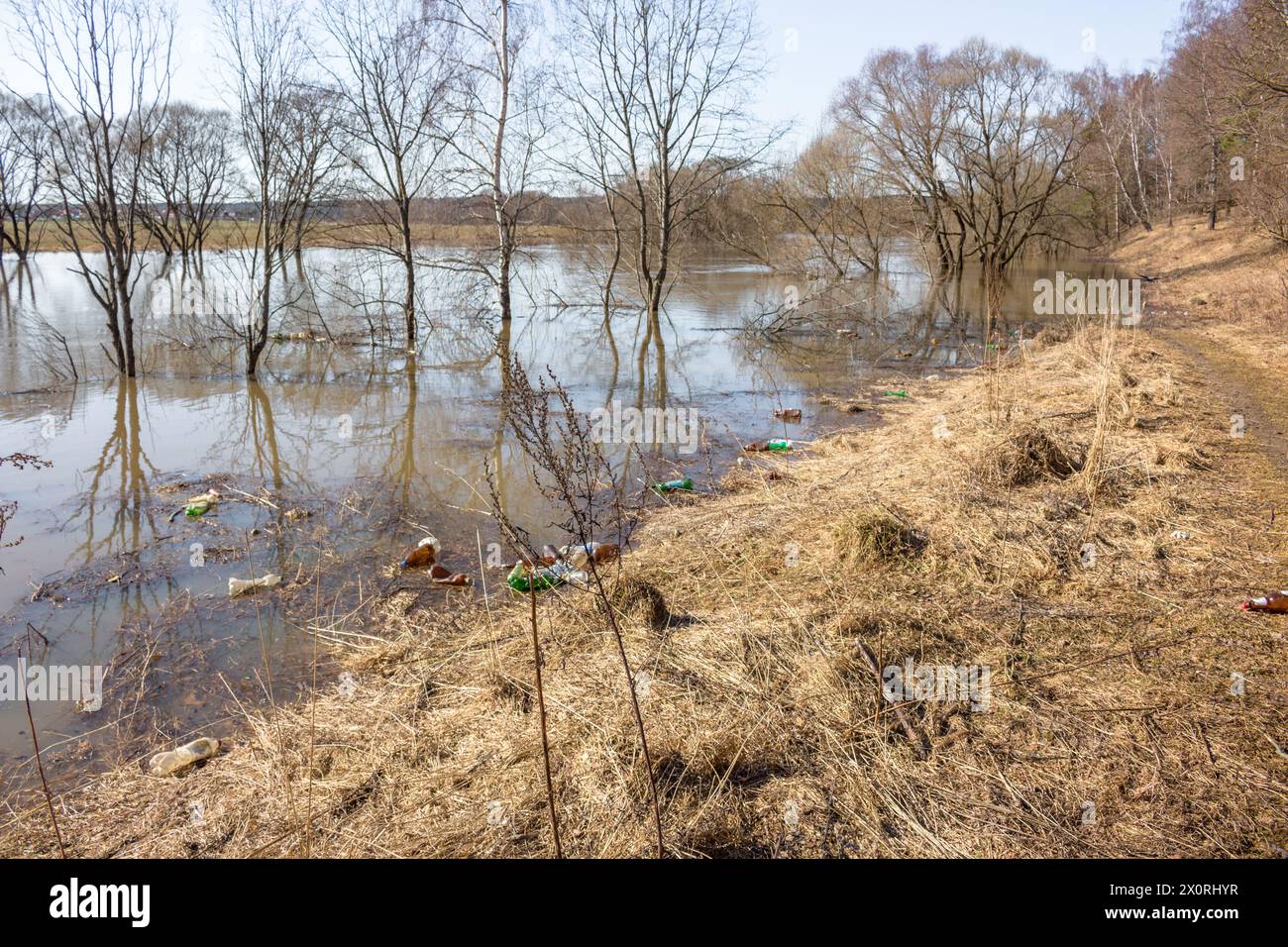Plastic trash on the river bank floating during the spring flood in ...