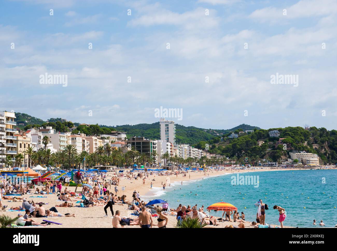 Beach waterfront with houses, sand, palm trees, sea, people in bikini ...