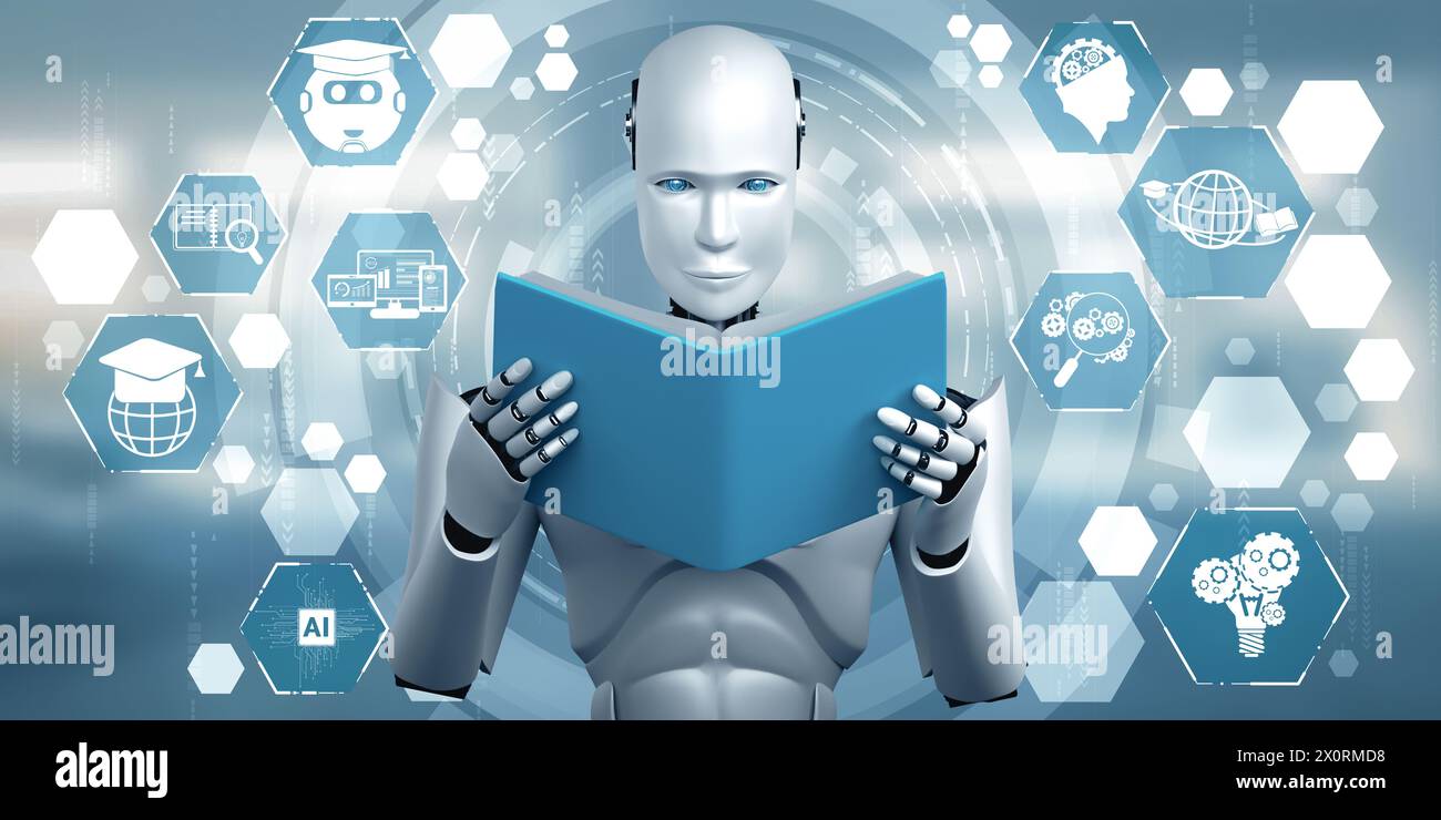XAI 3d illustration 3D illustration of robot humanoid reading book in concept of future ...