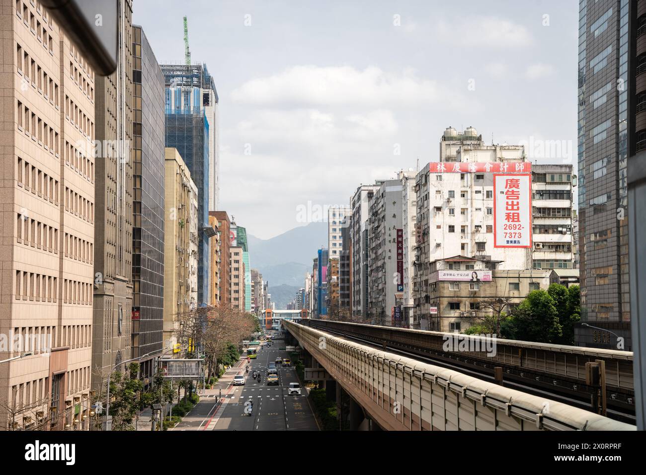 Taipei Urban area with public transport railway above the road, Taiwan ...