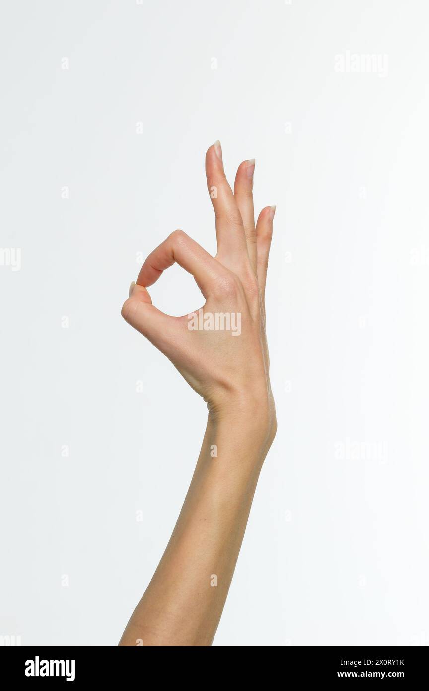 Female hand showing the ok gesture isolated on a white background. Okey ...