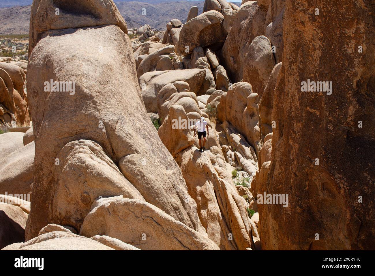 A man climbs through the formation of rocks on Arch Rock Trail in ...