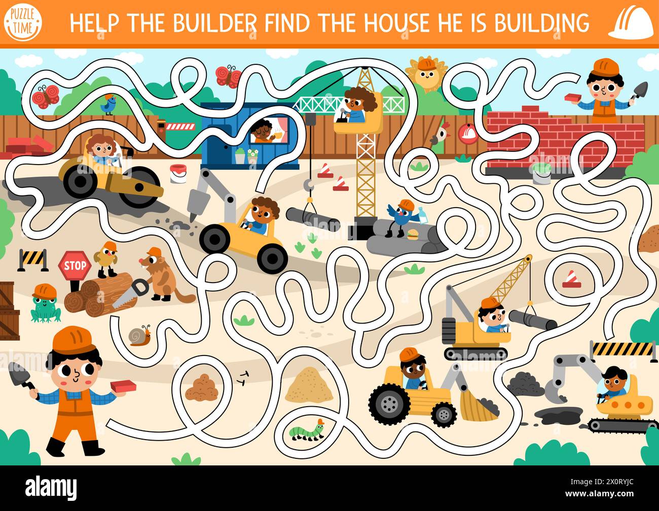Construction site maze for kids with industrial landscape, builders ...