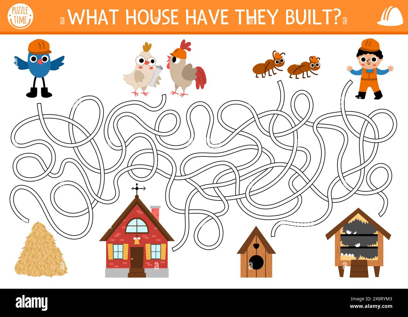Construction site maze for kids with animals and builder, houses they ...
