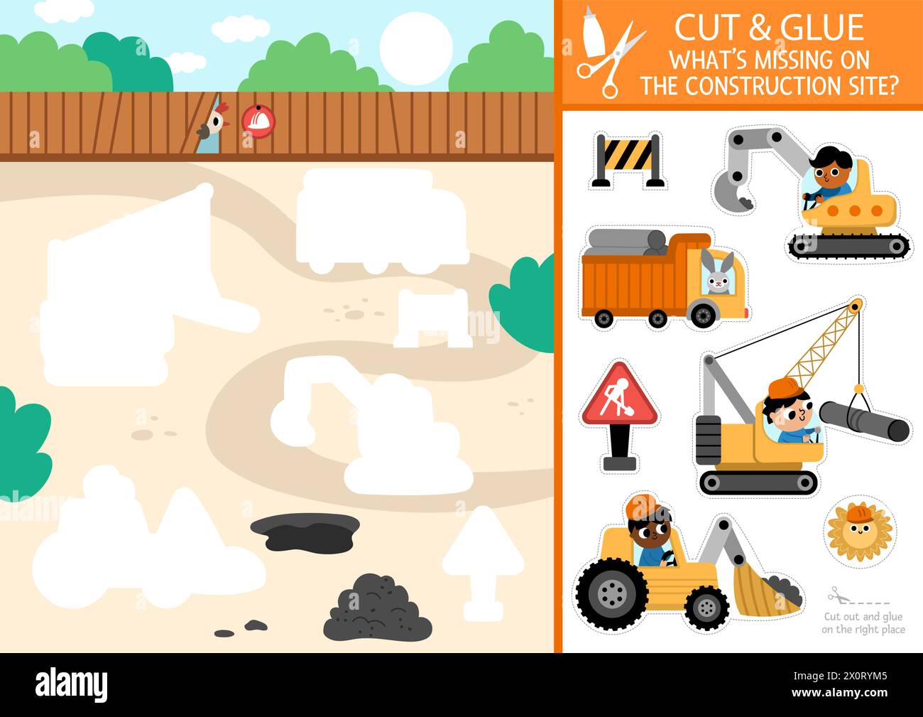 Vector construction site cut and glue activity. Crafting game with cute ...