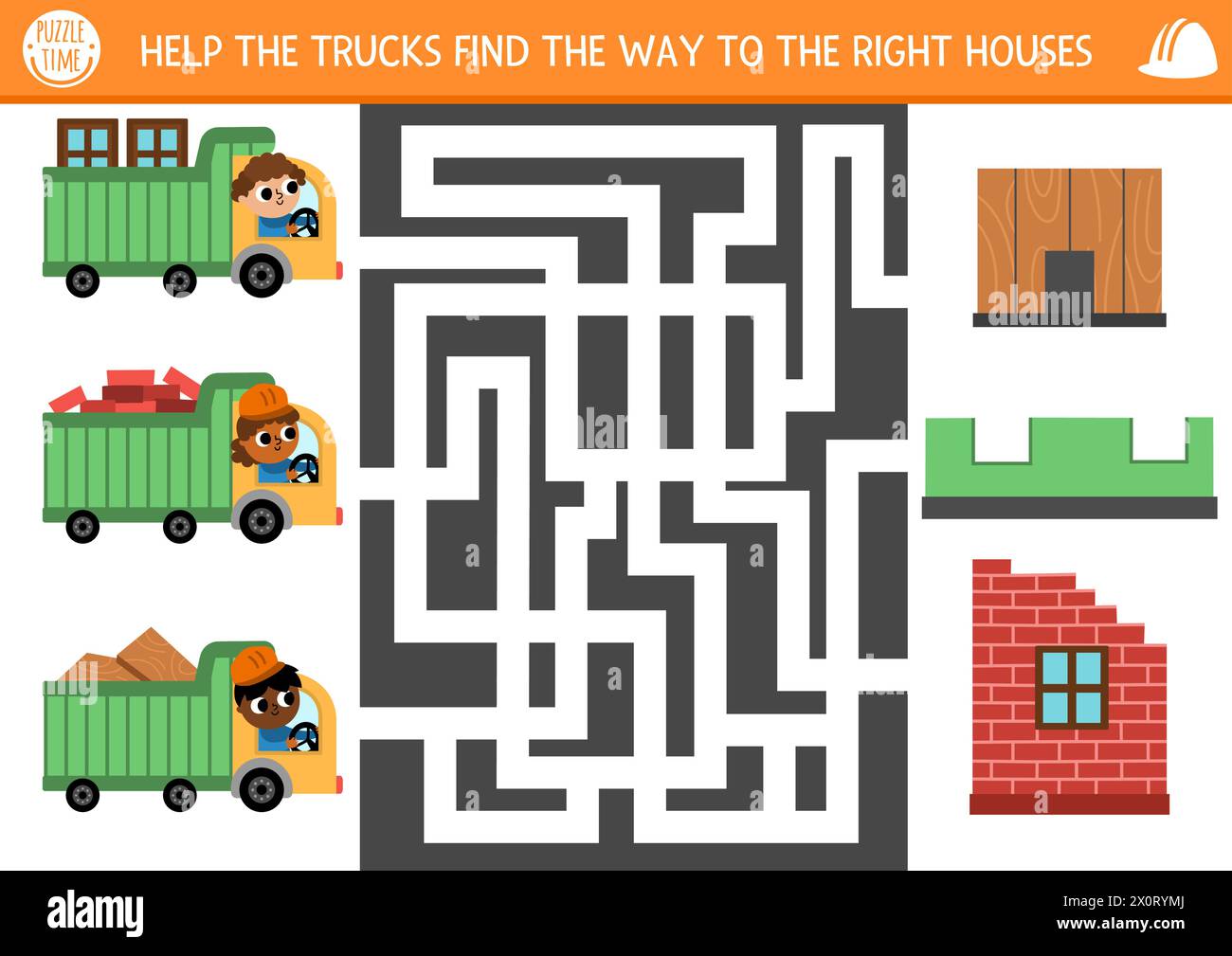 Construction site maze for kids with trucks and drivers taking ...