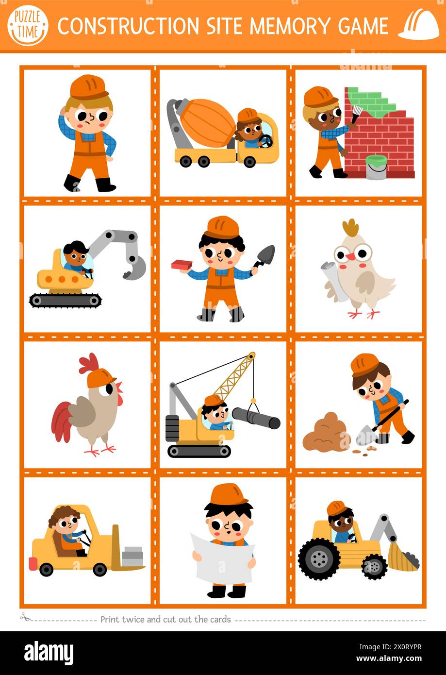 Vector construction site memory game cards with cute repair service ...