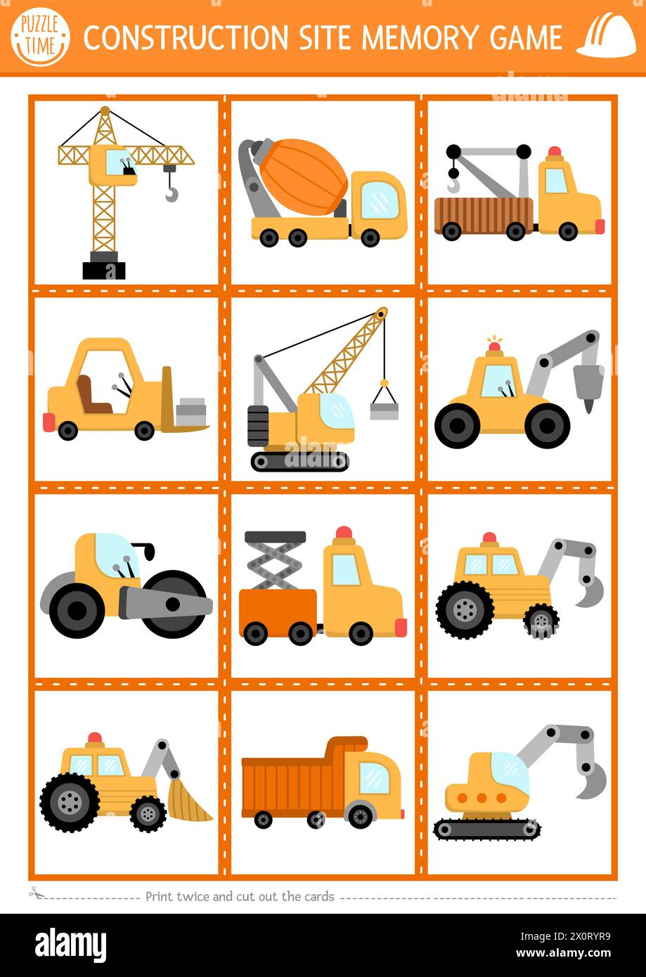 Vector construction site memory game cards with cute special technics ...
