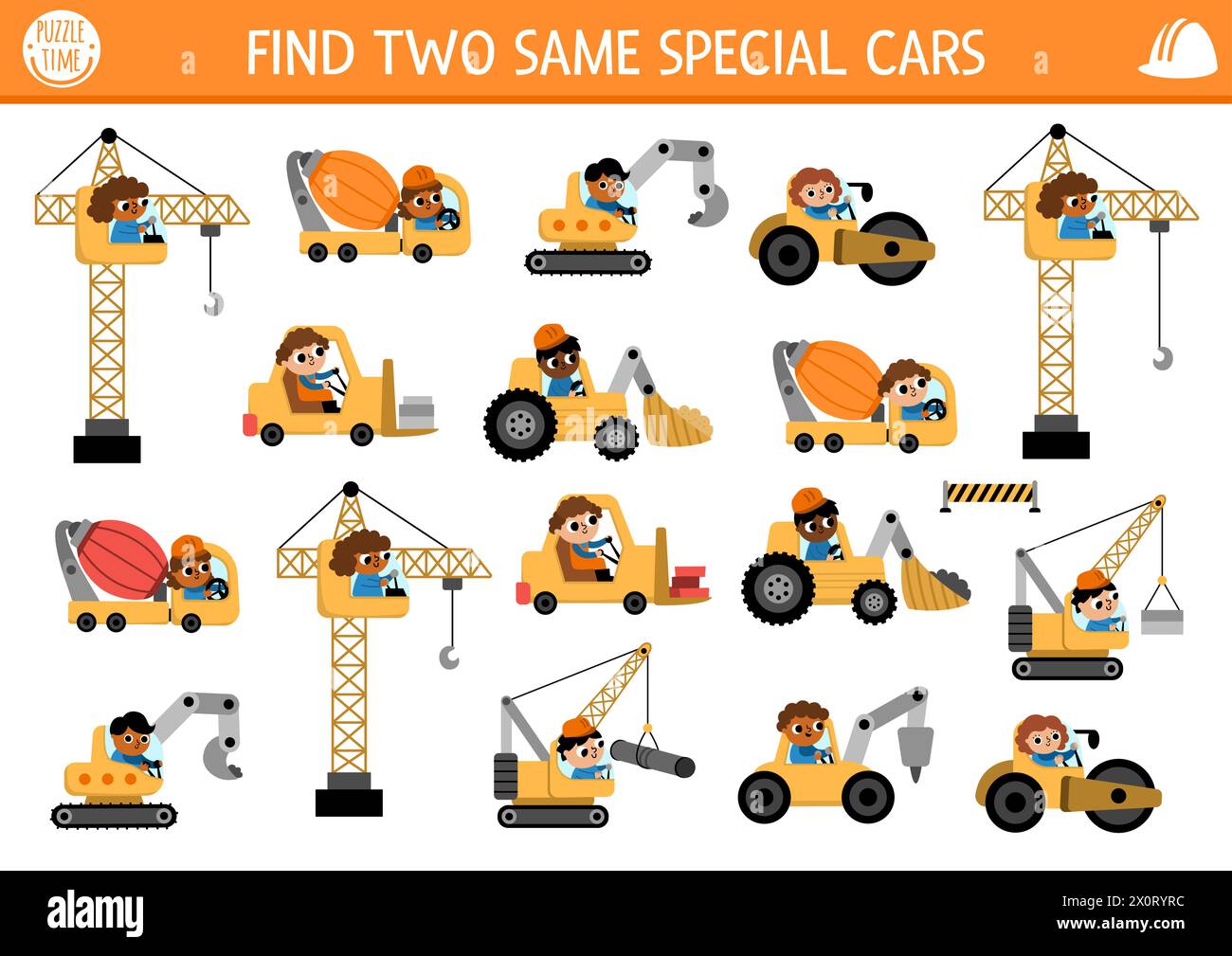 Find two same special cars. Construction site matching activity for ...