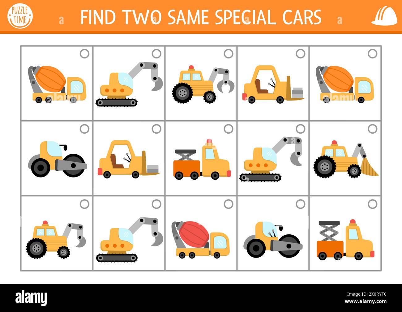 Find two same special cars. Construction site matching activity for ...