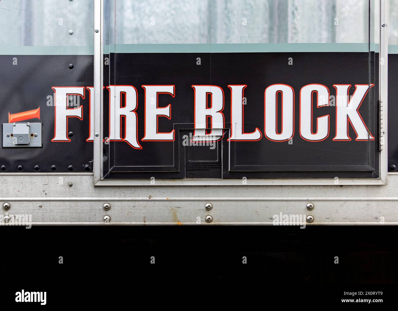 the words fire block on the side of a box truck Stock Photo - Alamy