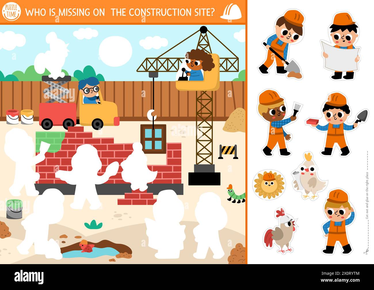 Vector construction site cut and glue activity. Crafting game with cute ...
