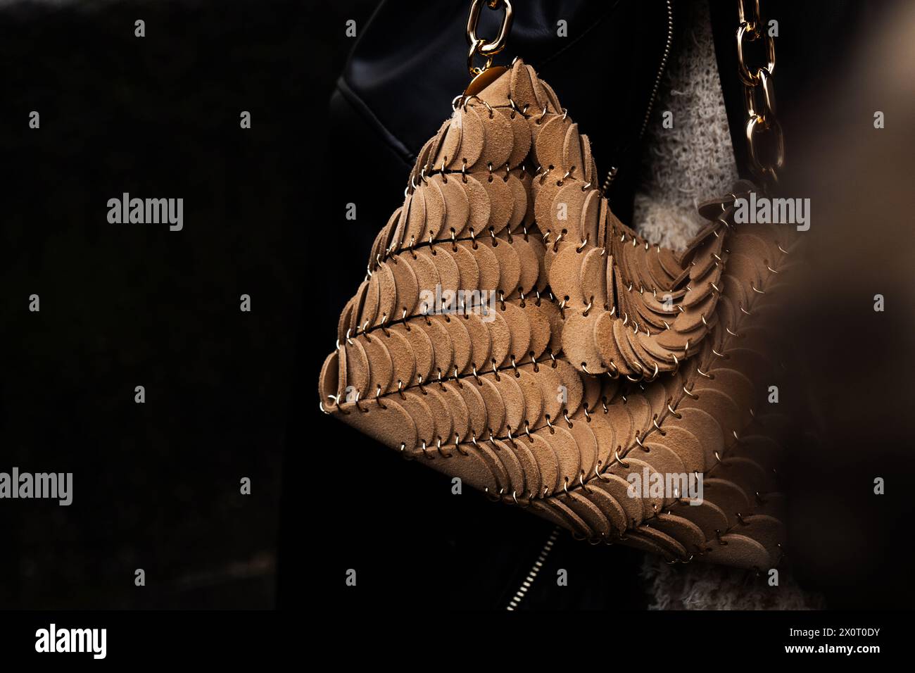 Paris, France - February, 29, 2024: woman wears Rabanne bag, fashion ...