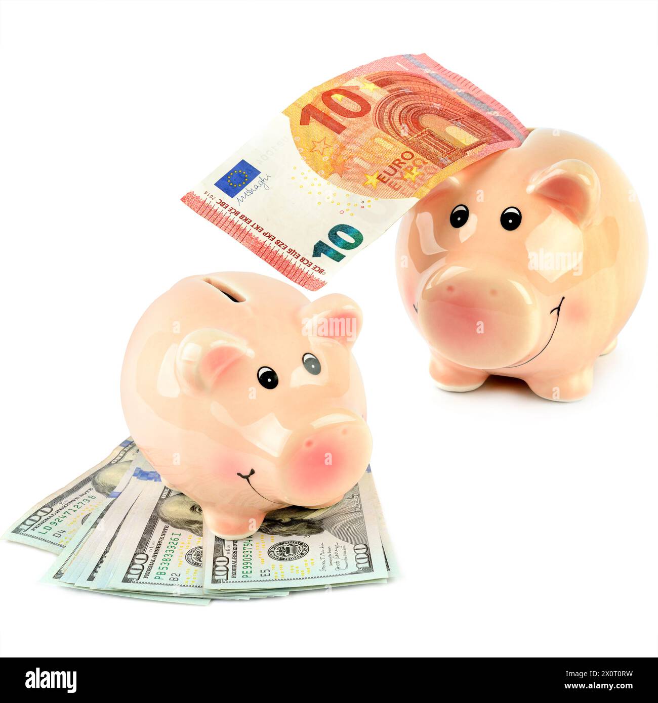 Piggy banks with US dollars and euro banknotes isolated on a white ...