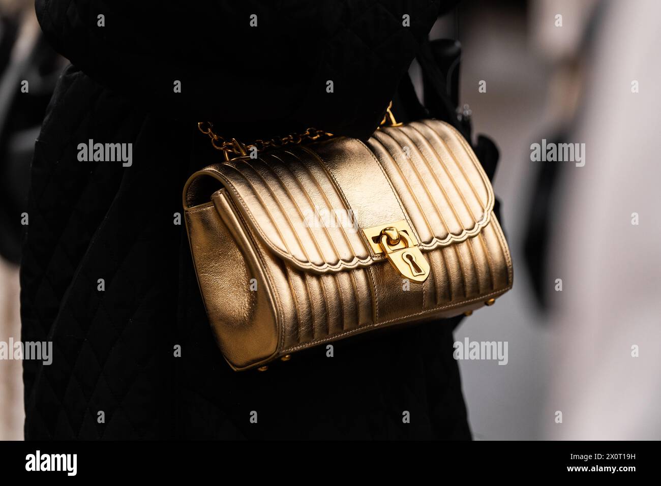 Paris, France - January, 22, 2024: woman wears Schiaparelli Schiap bag ...